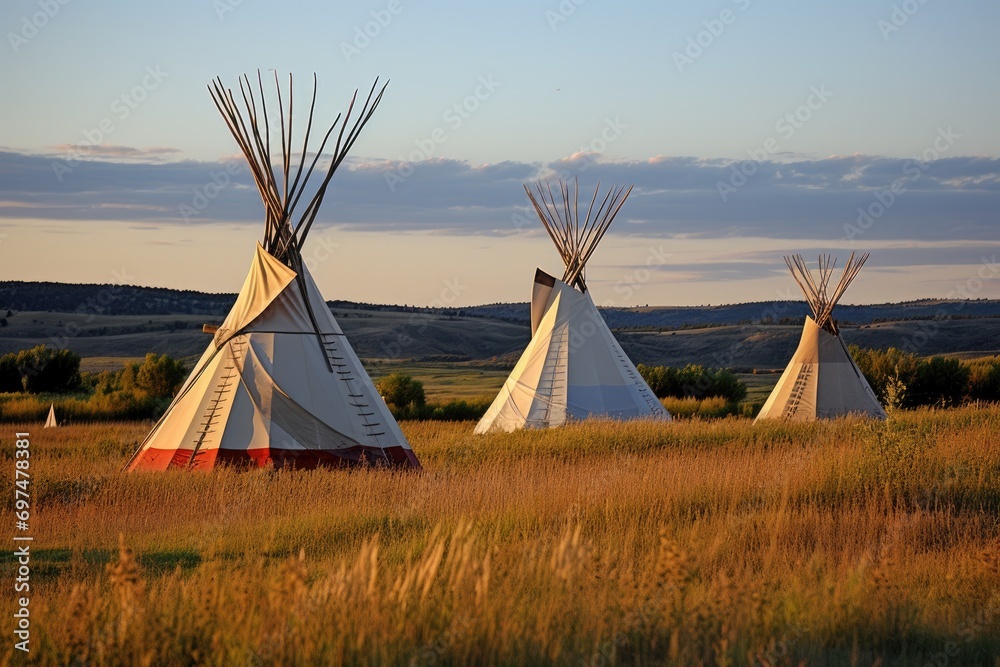 Tribal indian teepee in the field at sunset, First Nations tipis on the ...
