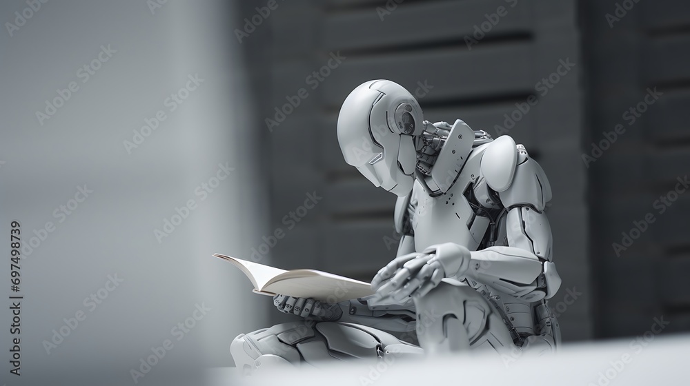 Artificial intelligence android robot reading a book. Extremely closed ...