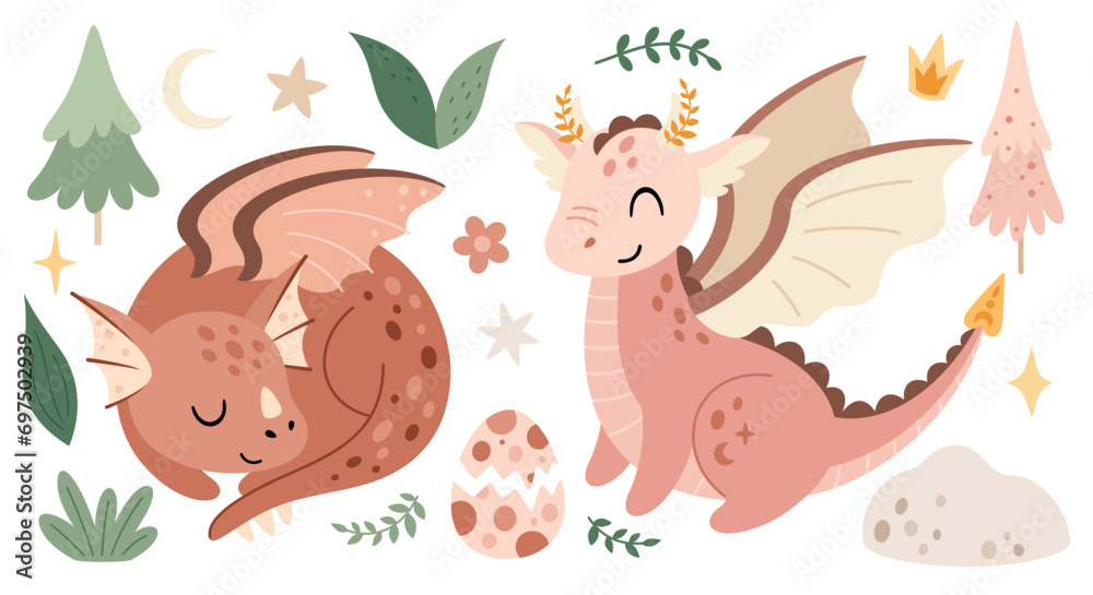 Cute dragon clipart in cartoon flat style. Year of the dragon. Dragon ...
