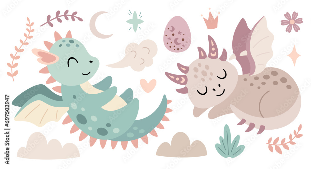 Cute dragon clipart in cartoon flat style. Year of the dragon. Dragon ...