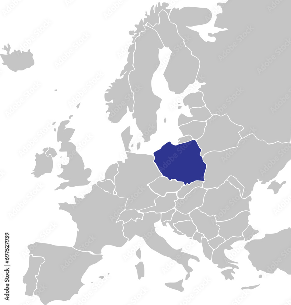 Blue CMYK national map of POLAND inside simplified gray blank political ...