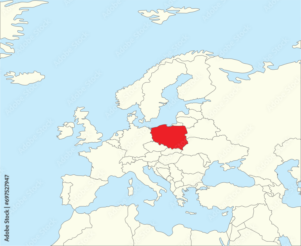 Red CMYK national map of POLAND inside simplified beige blank political ...