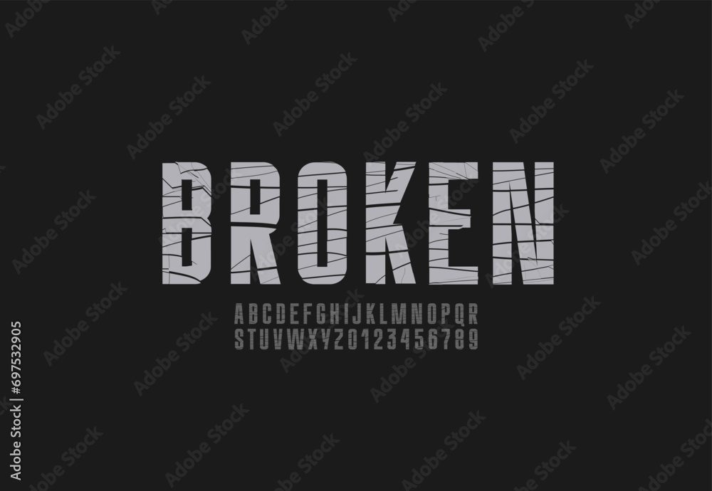 Crushed broken condensed font, narrow cracked alphabet, fragmented fragile letters and numbers ...