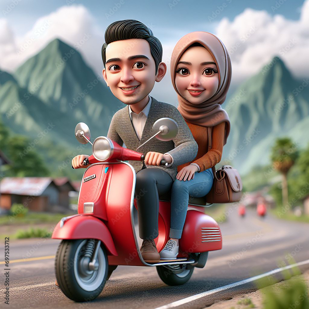3D caricature of a 25-year-old Indonesian man, and a 23-year-old hijab ...