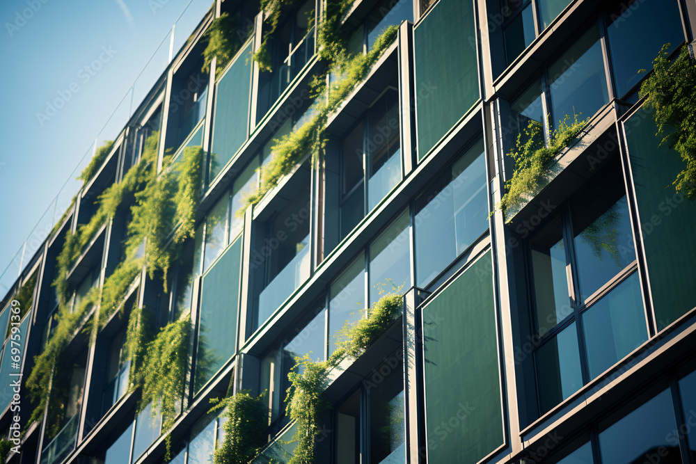 Eco-friendly building in the modern city. Sustainable glass office ...