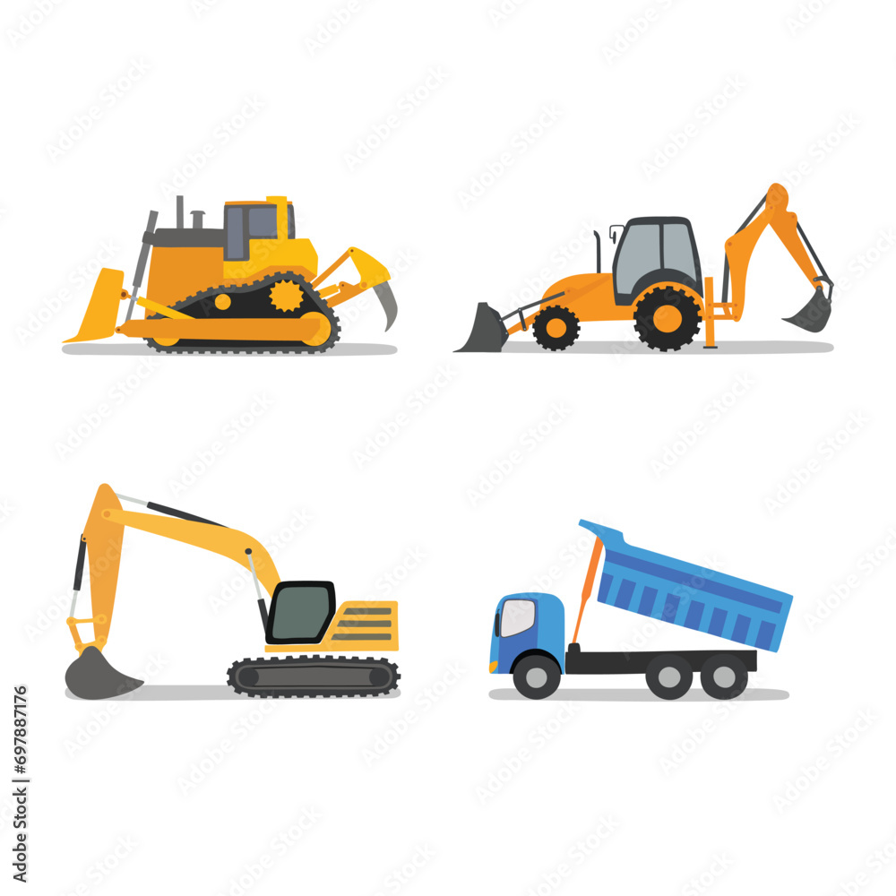 Set of construction equipments flat vector illustration isolated on ...