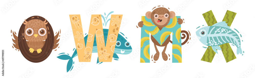 Animal Alphabet with Ornamental Letters and Zoo Creatures Vector Set ...
