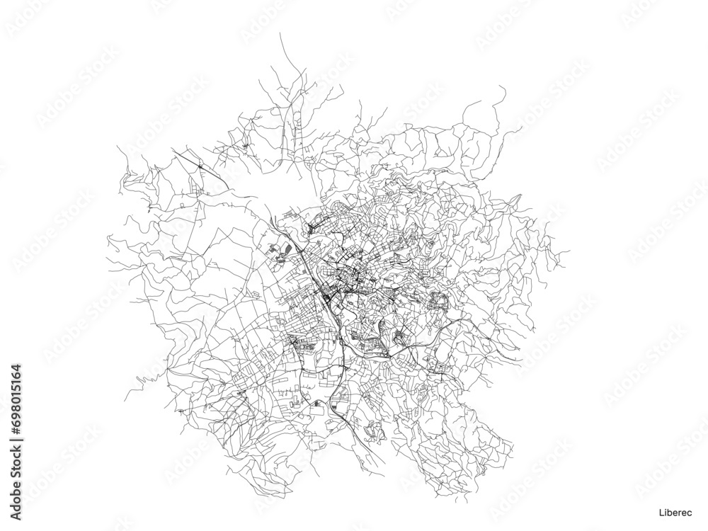 Liberec city map with roads and streets, Czech Republic. Vector outline ...