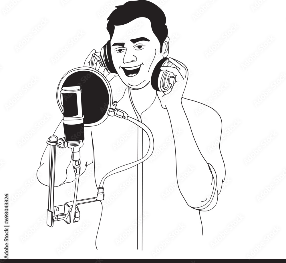 Cartoon Sketch: Young Boy Mastering Voice Over with Pro Mic in Studio ...