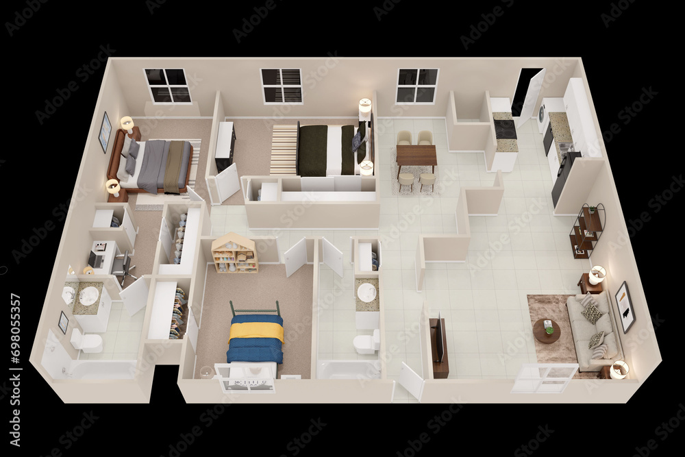 1bhk 2bhk 3bhk with parking 3D floor plan 3d modelling render concept ...