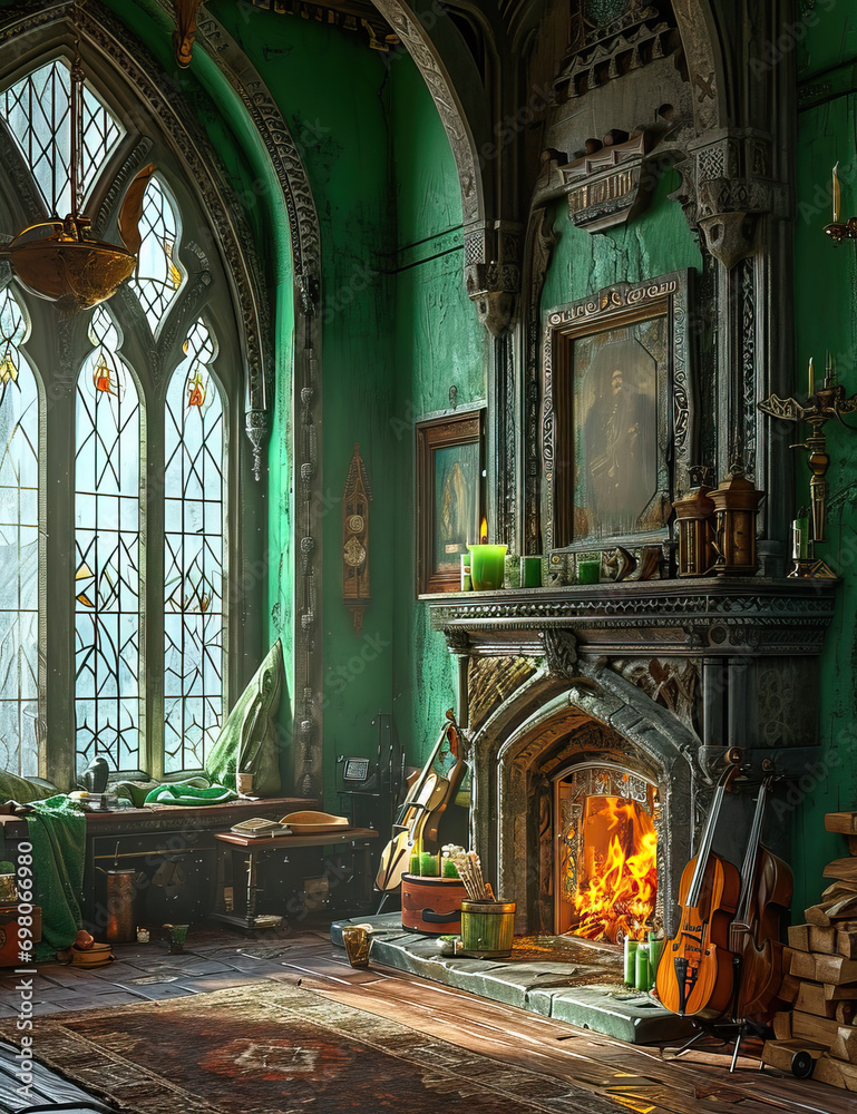 Gothic Study Room with Fireplace and Classical Instruments Stock Photo ...