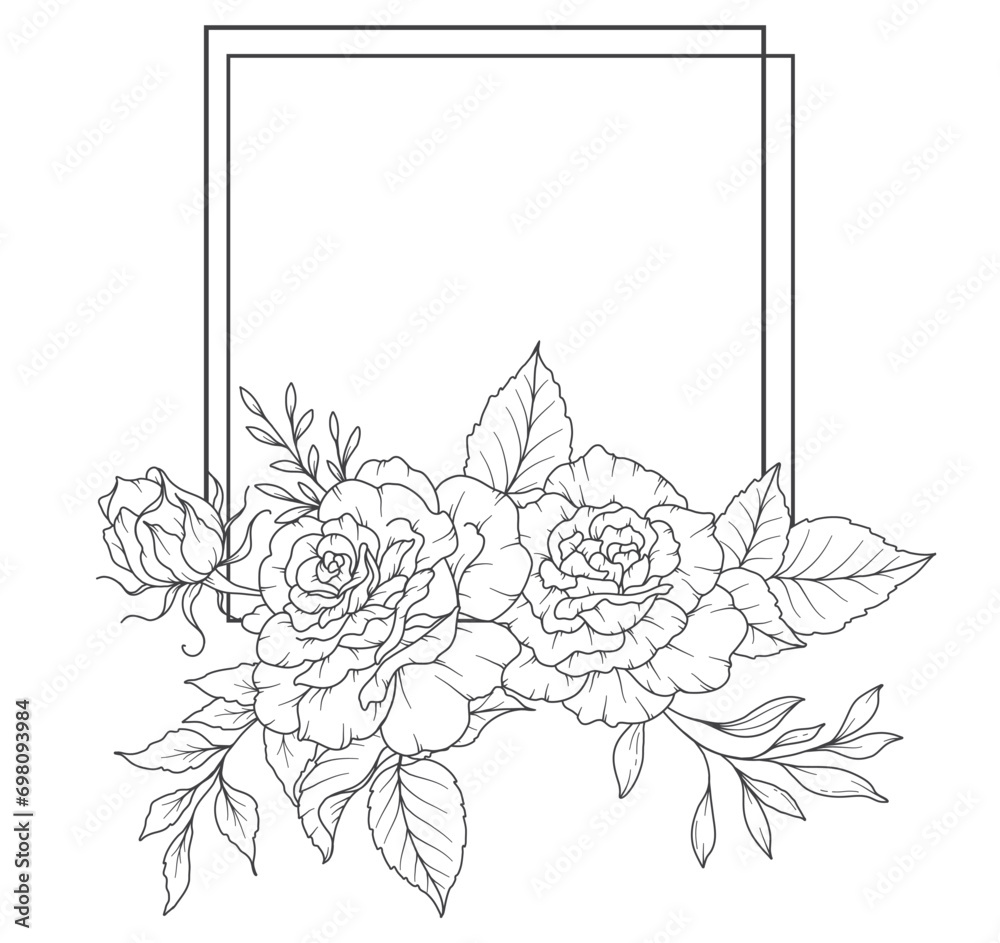 Rose Line Drawing. Black and white Floral Frames. Floral Line Art. Fine ...
