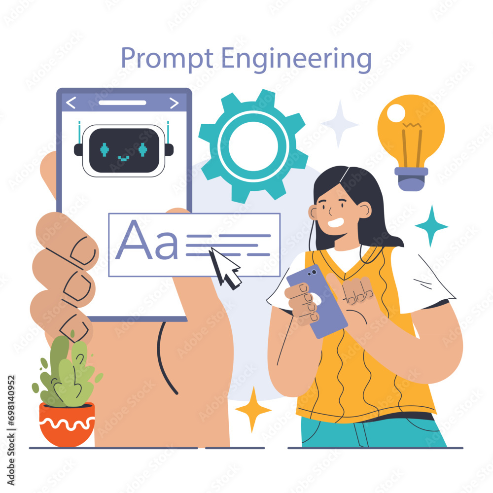 Prompt-engineers writing a command to a artificial neuron network. Artificial intelligence ...