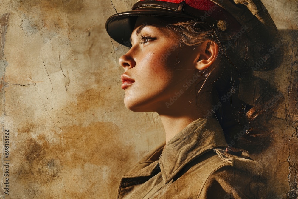 Courageous female soldier. Young girl wearing retro military uniform ...