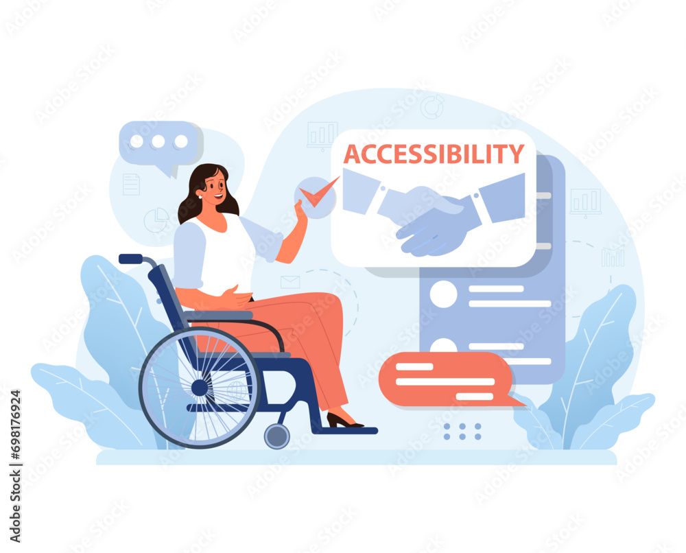 Inclusive workplace focus on accessibility. Woman in wheelchair ...