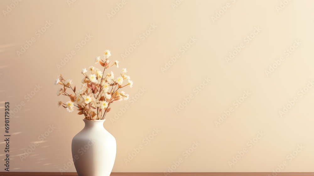 White vase with flowers on a beige table. view from above. minimalism ...