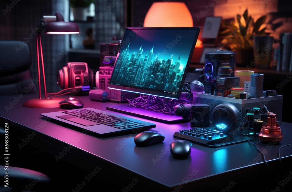 Photo Stock A sleek and modern computer setup, complete with a desktop ...