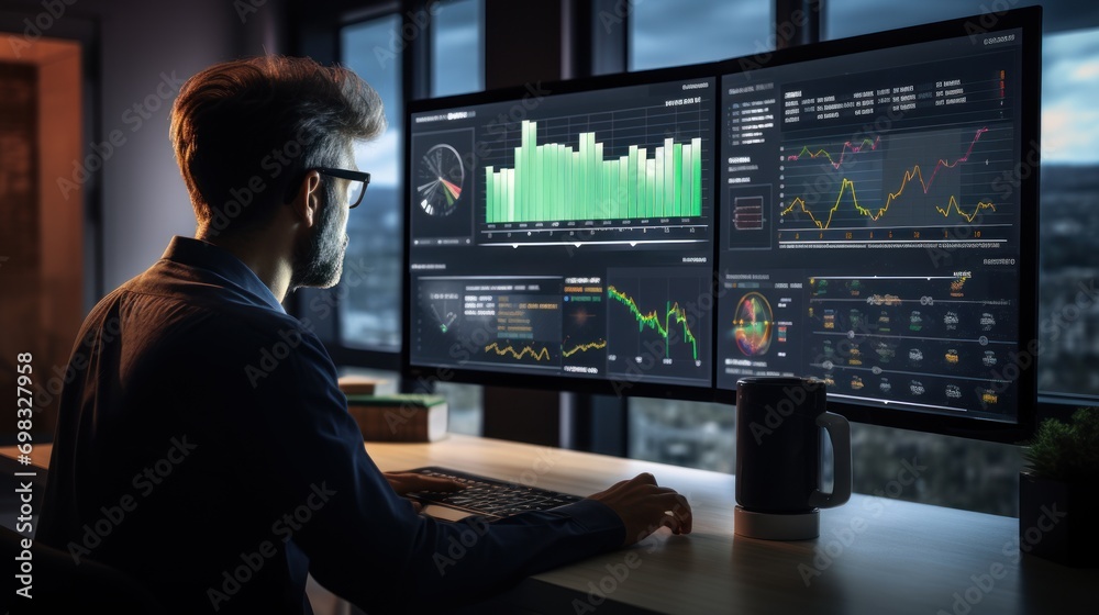 analyst uses computer and dashboard for data business analysis and Data ...