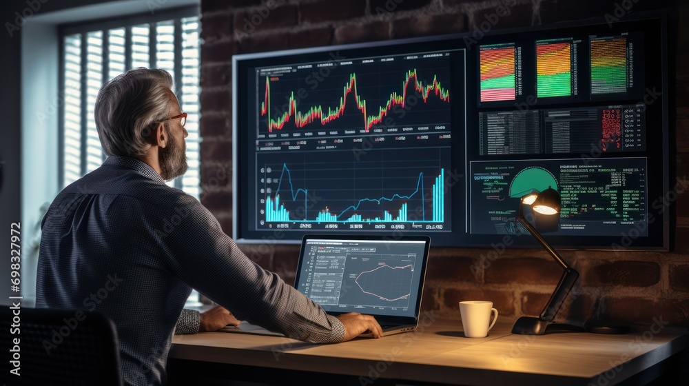 analyst uses computer and dashboard for data business analysis and Data Management System with ...