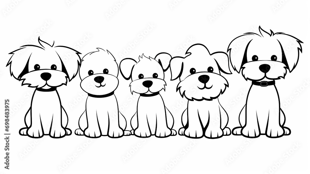 cartoon dogs sitting in a row isolated on a white background, sketch ...