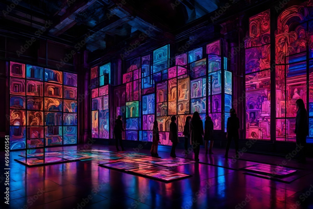 A luminous and vibrant art installation, featuring an array of glowing ...