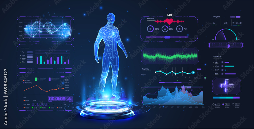 AI doctor. Stage and 3D human hologram with HUD interface. Medical ...