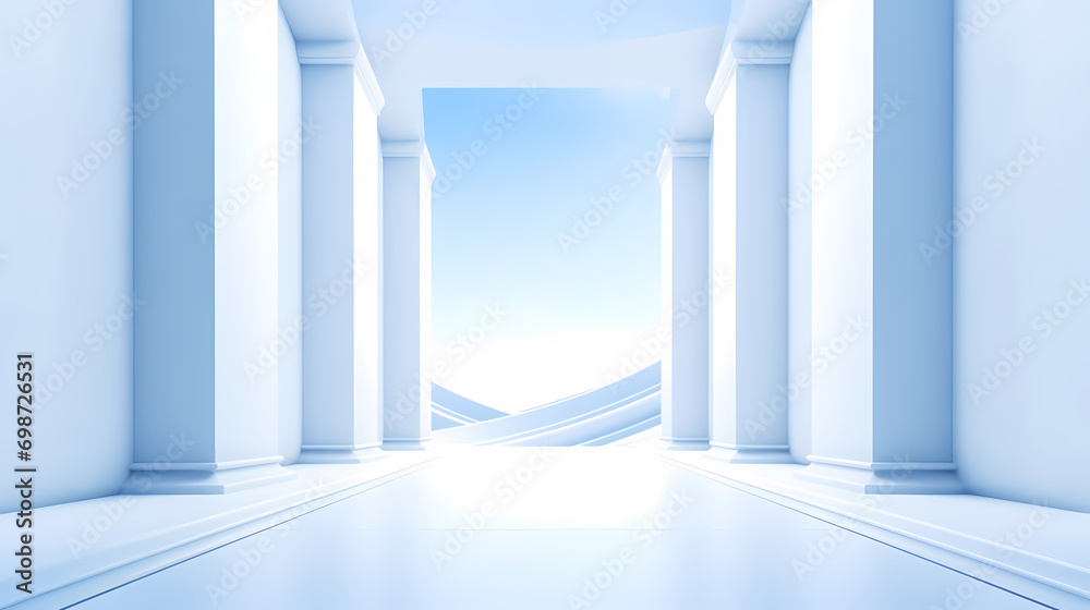 Beautiful airy widescreen minimalist white and light blue architectural ...