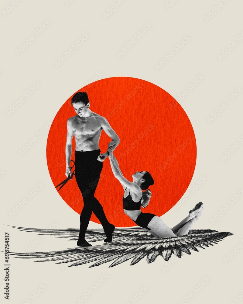 Fallen angel. Young man with scissors cut female feather. Painful ...