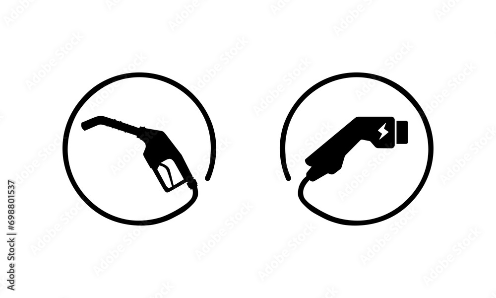 EV charger connector and gas pump gun icon, electric vehicle charging ...