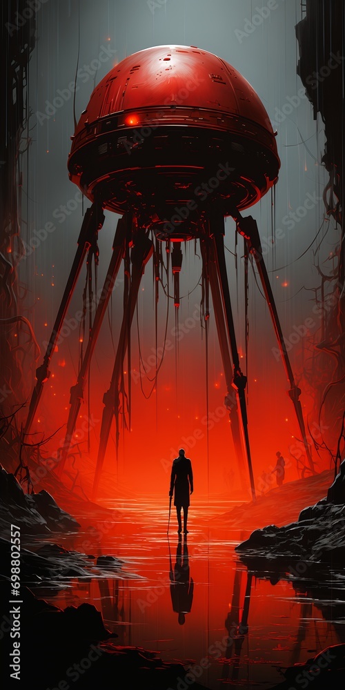 alien spaceship man standing front illustration red lighting half life ...