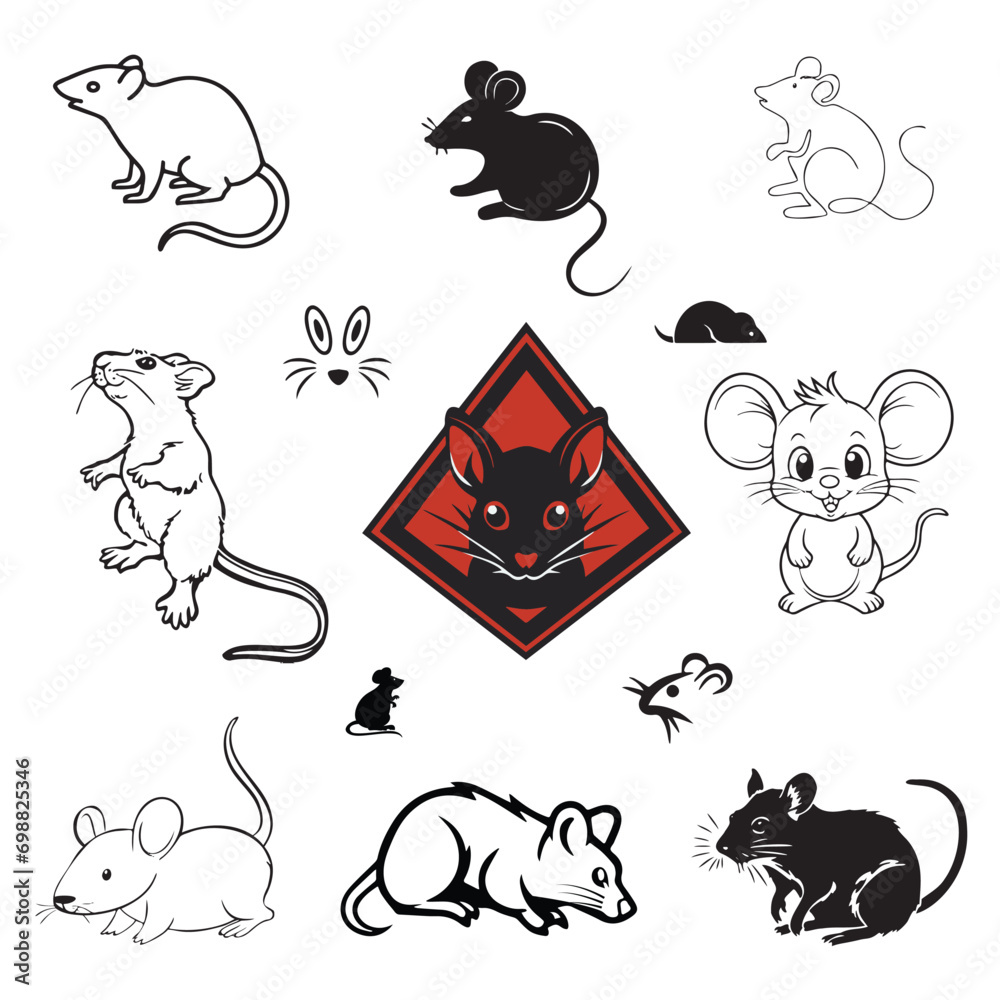 set of rat or mouse vector designs, rat, mouse, animal, cat, silhouette ...