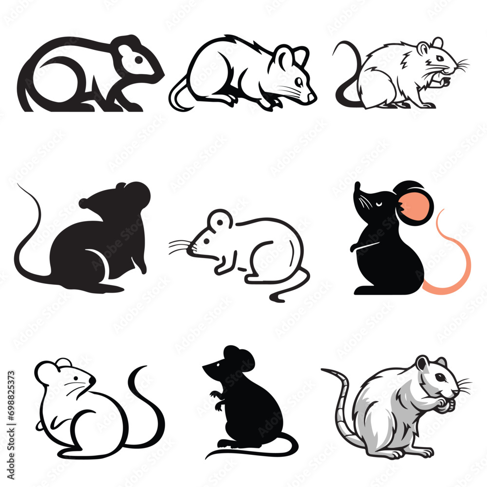 set of rat or mouse vector designs, rat, mouse, animal, cat, silhouette ...