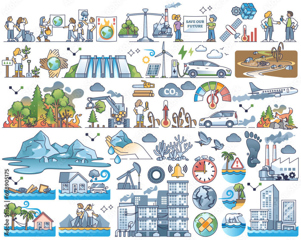 Global warming and CO2 pollution impact on nature outline collection ...