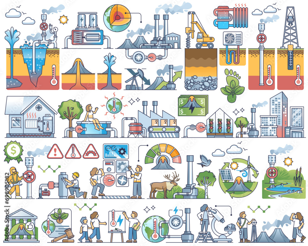 Geothermal energy and heat from underground layers outline collection ...