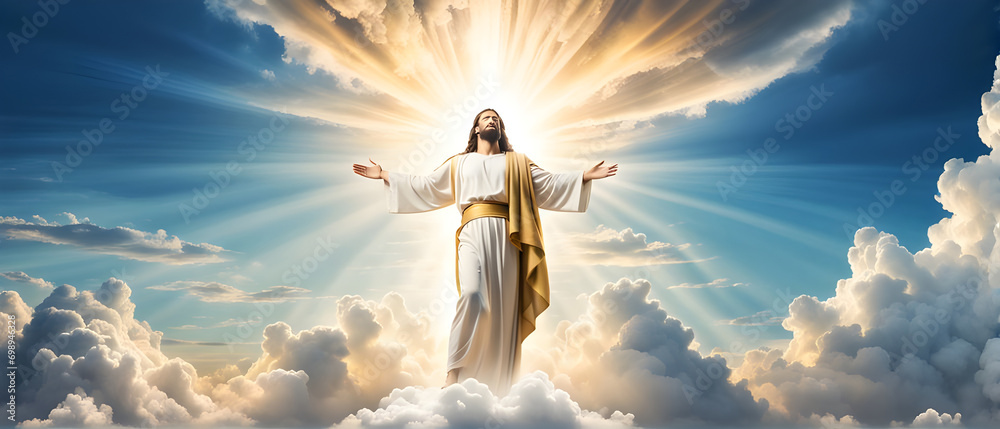 The resurrected Jesus Christ ascending to heaven above the bright light ...