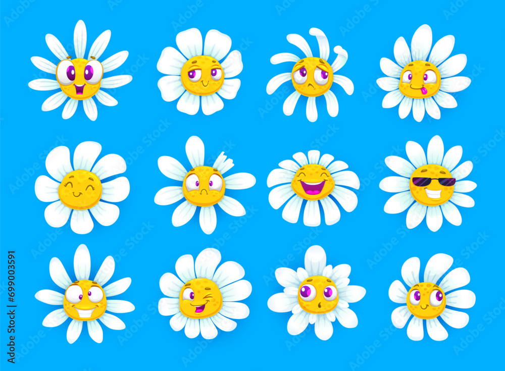 Cartoon chamomile flower characters with funny faces. Daisy flowers ...