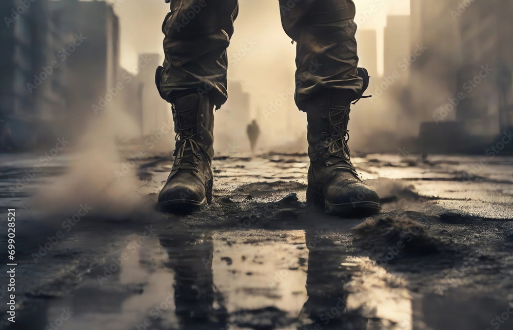Close-up legs of soldier in combat army boots on wet muddy destroyed battlefield ground ...