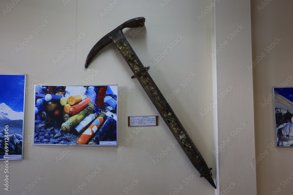Pokhara, Nepal - November 20 2023: huge Ice axe display in mountain ...