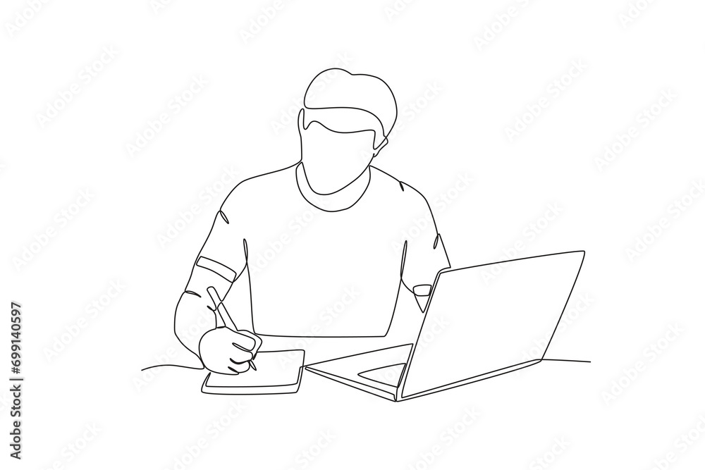 Single continuous line drawing of A man who is focused on working from ...