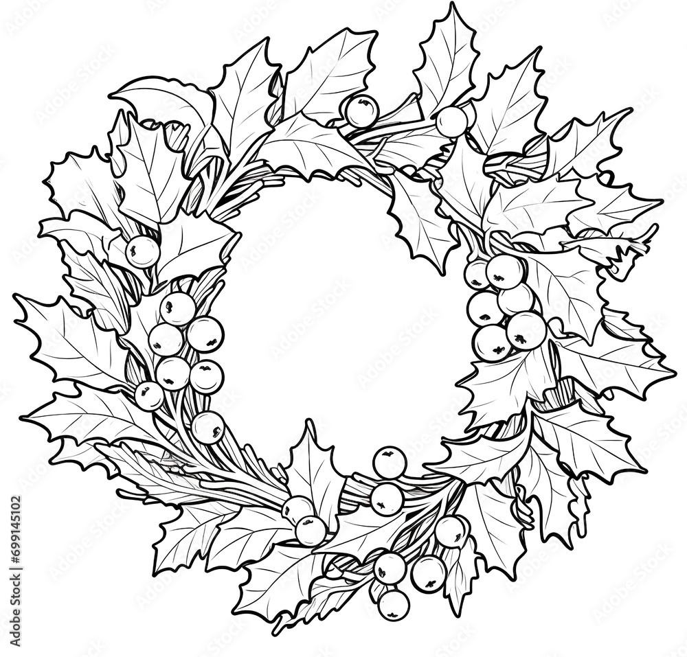 Christmas wreath coloring page isolated on transparent background. PNG ...