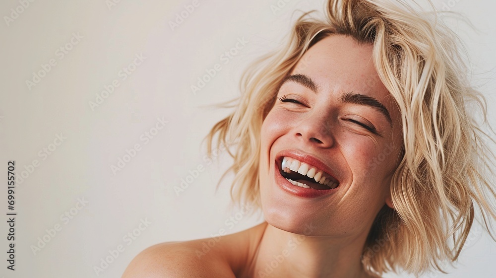 Beauty portrait of blonde smiling laughing woman 35 year clean fresh ...
