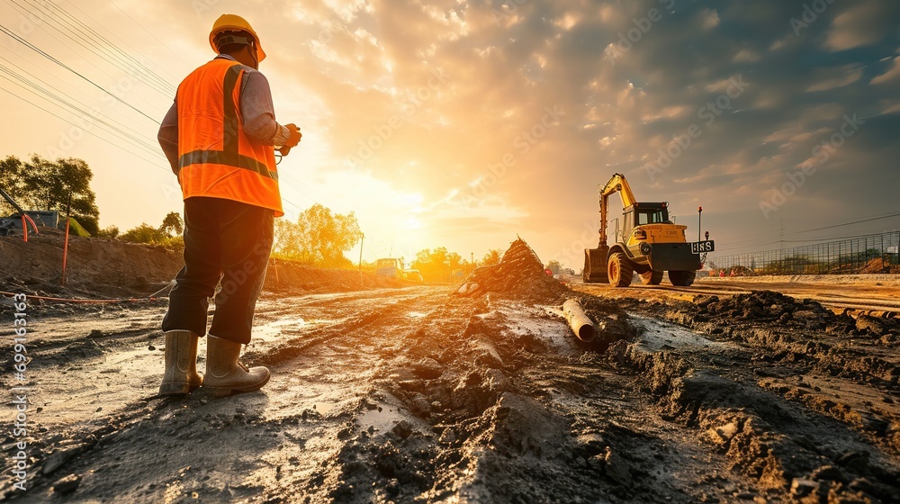 Engineer working on construction site, machine for road work background ...
