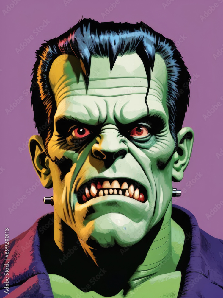 Frankenstein's Monster - Medium Shot in Flat Pop Art Style with Grimace ...