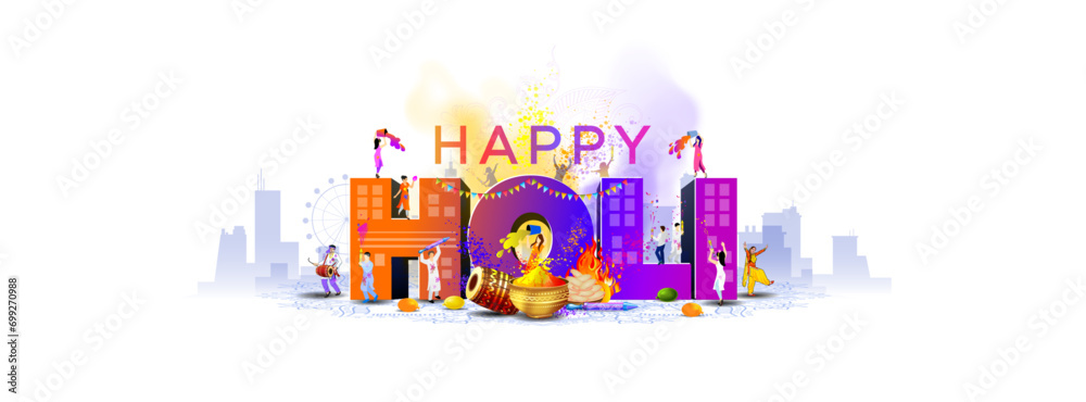Holi color festival of India. Happy Holi 3d text with colorful splash ...