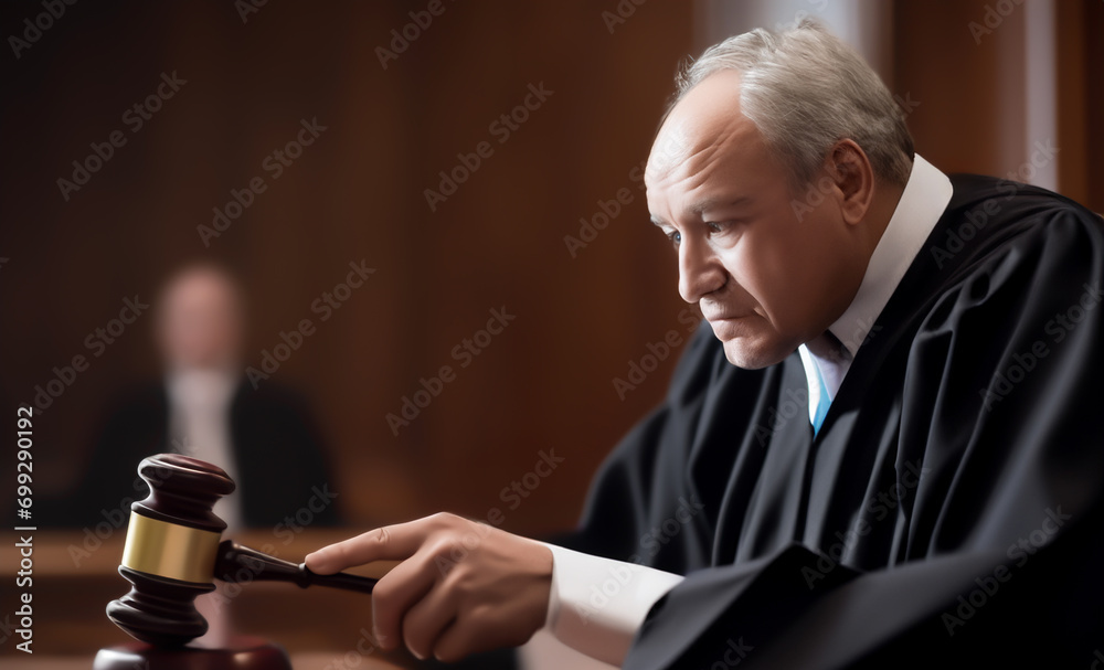 Judge holding of Judge hammer in courtroom. Justice in courthouse on ...