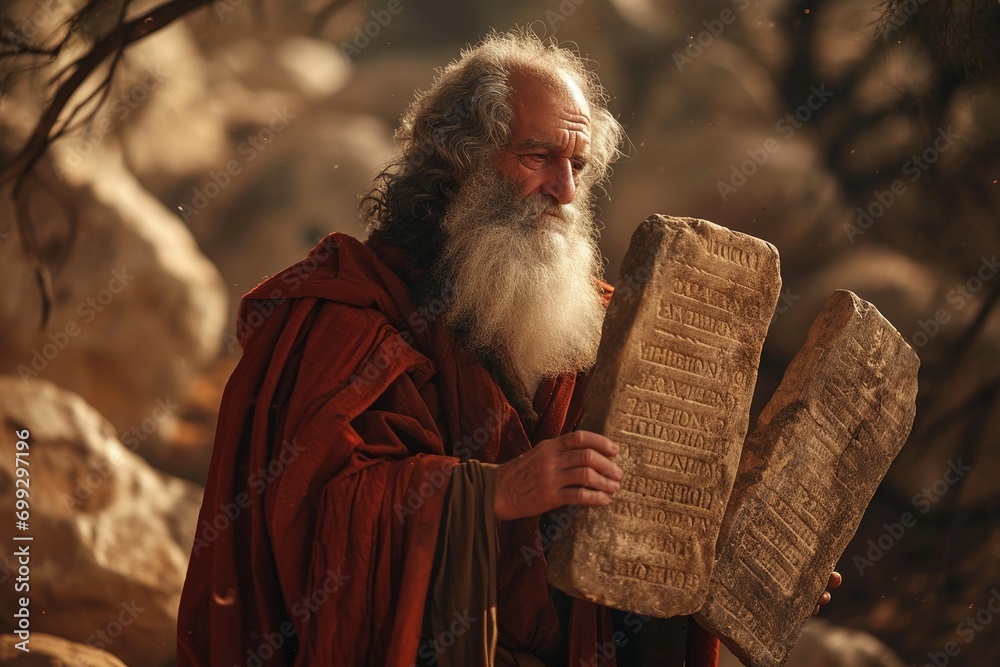 Moses holding the stone tablets with the 10 commandments, Bible story. Stock Photo | Adobe Stock
