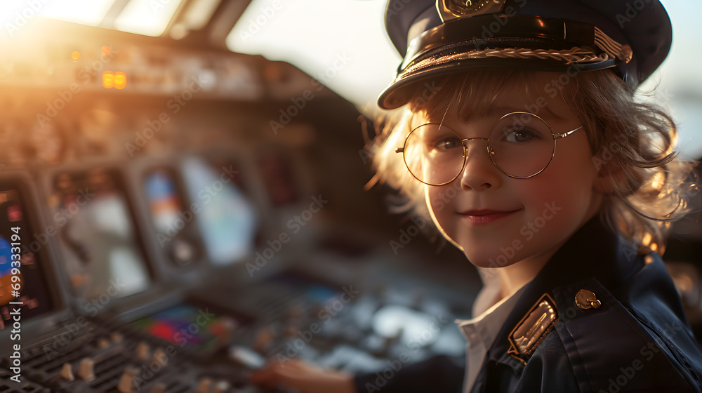 Portrait photos of children. captain of a civilian airplane. wearing a ...
