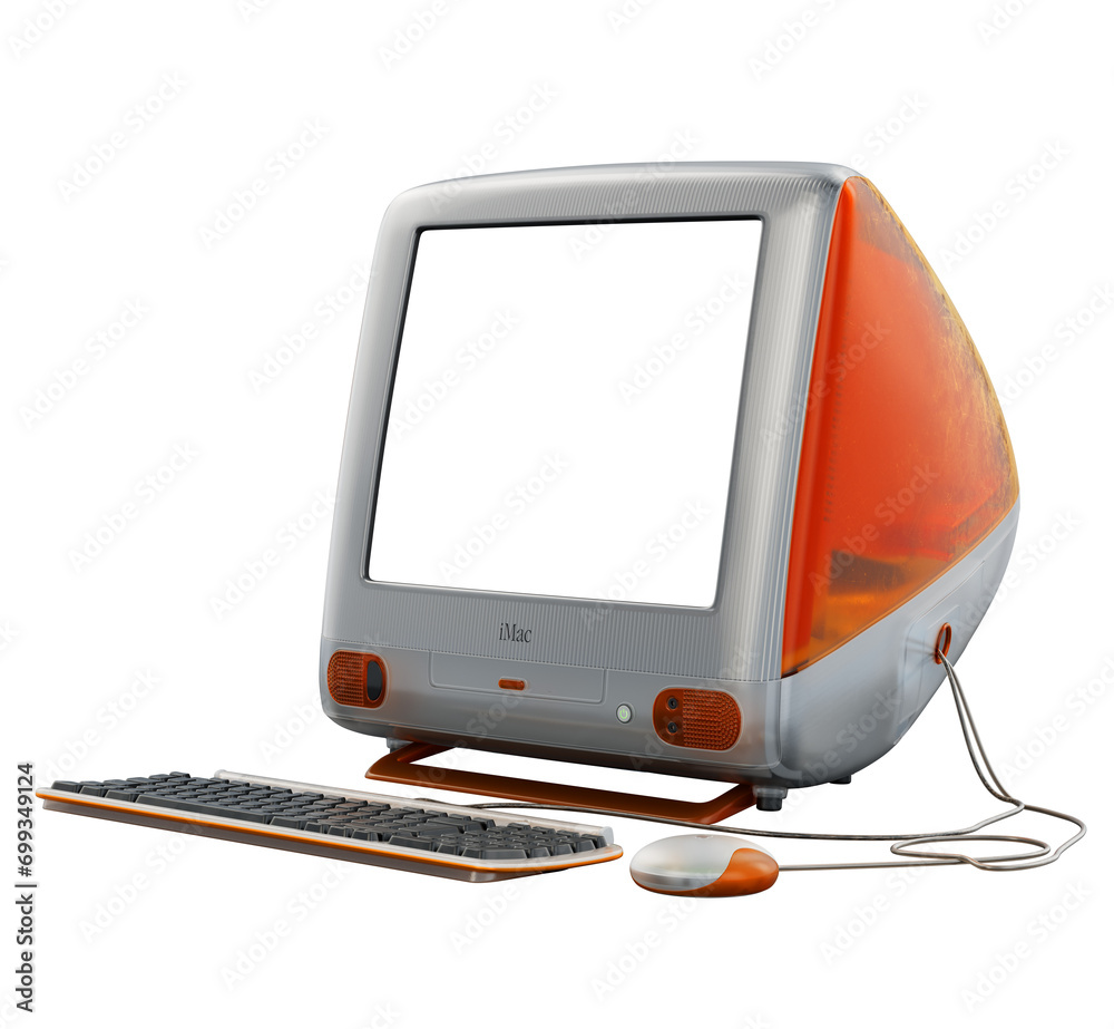 Apple iMac G3 retro Macintosh with Keyboard and Mouse mockup Stock ...