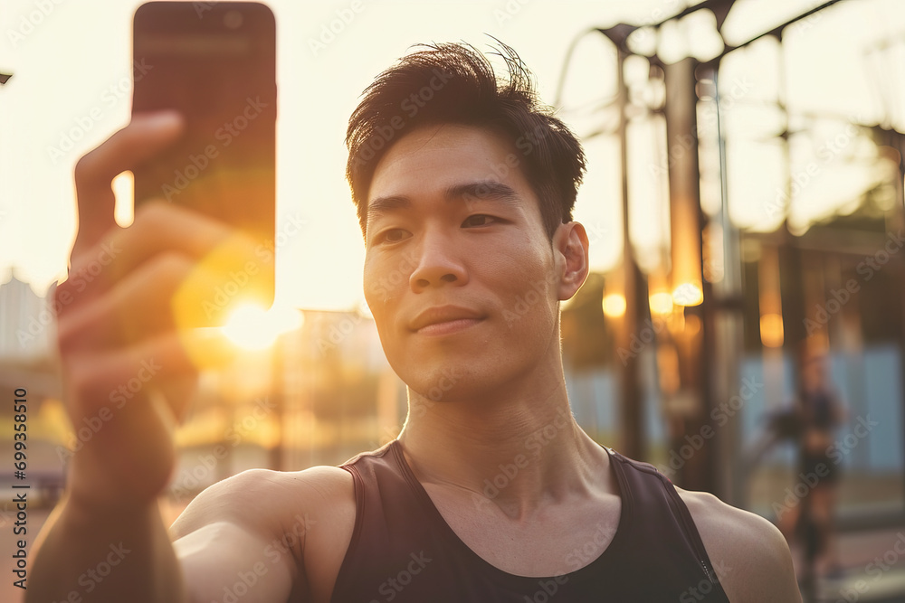Young Asian man in athletic wear taking a selfie with his smartphone ... Young Asian man in athletic wear taking a selfie with his smartphone ...