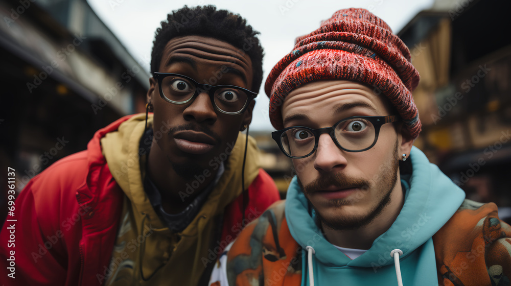 Two young men - dressed casually - reaction shot - surprised ...